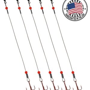 Tooth Shield Tackle Ice Fishing Tip Up Leader/Rig (90 lb) / Ice Fishing Sucker Walleye Pike Musky Predator Rig (5 Pack) [Camo Wire/Red Bead] (Hook Size: 2)