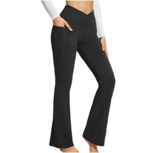 women high waist v cross pants tummy control bell bottom bootcut pants casual wide leg yoga pants with pockets black