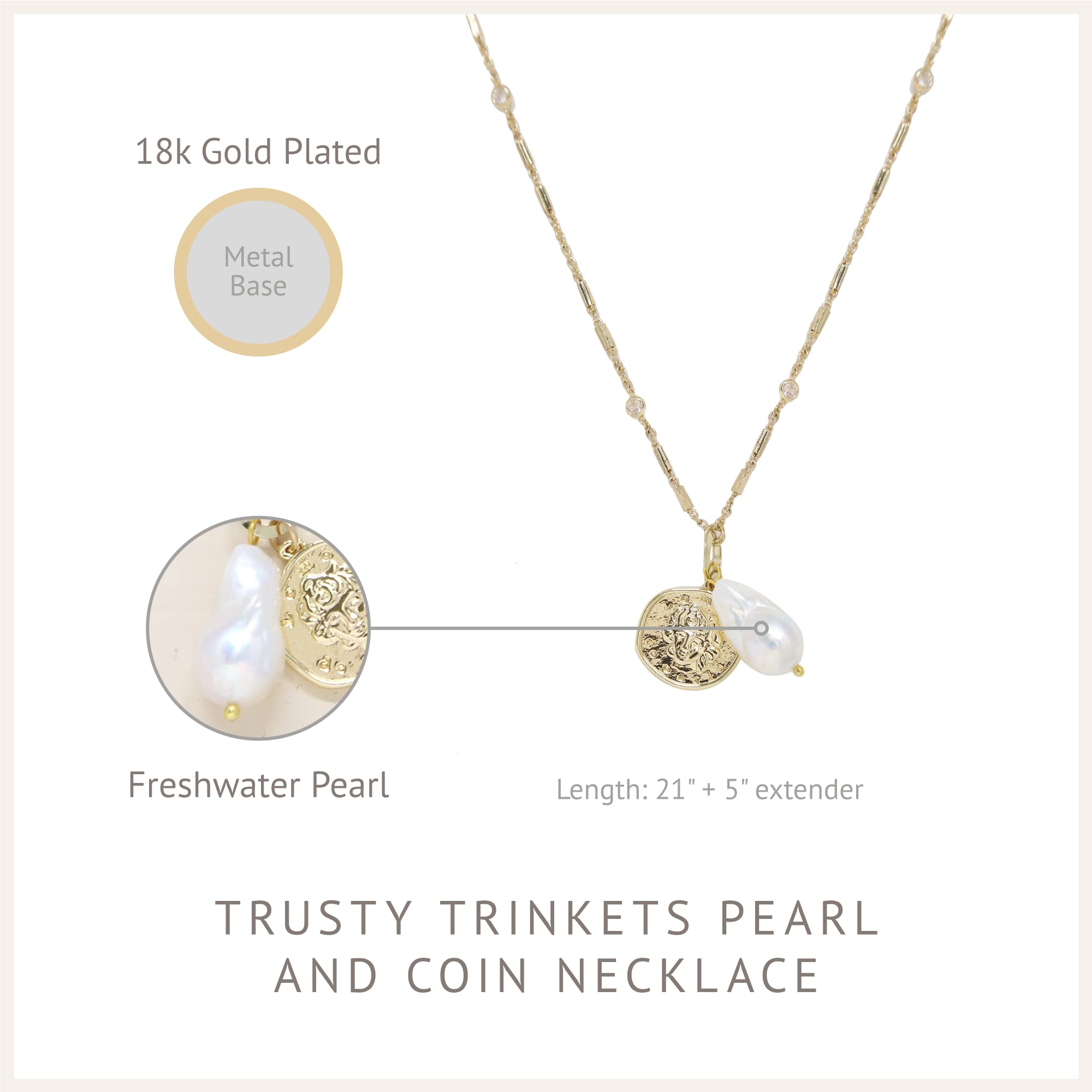 Ettika Pearl Necklaces For Women, Gold Necklace. Pendant Necklace for Women. Trusty Trinkets Pearl and Coin 18k Gold Plated Necklace