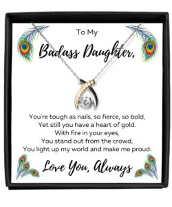 to my badass daughter necklace from mom, birthday gifts for teen girls, father daughter necklace, jewelry for daughter, daughter birthday pendant, graduation wishbone necklace