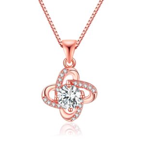 wskfly 14k gold plated cubic zirconia necklace, love knot diamond pendant necklace for women (rose gold)