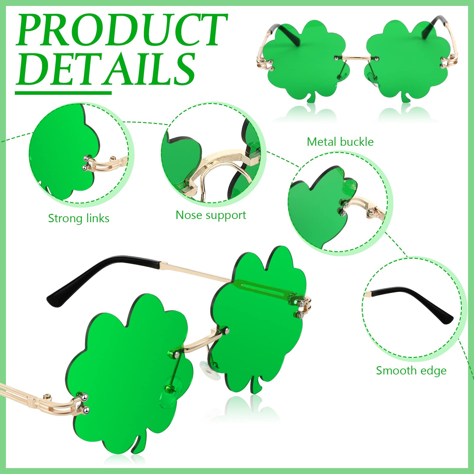 6 Pairs Green Glasses St. Patrick's Day Irish Shamrock Sunglasses Rimless Leprechaun Costume Glasses Four Leaf Clover Green Sunglasses for Women Men