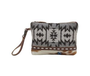 myra bag western upcycled pouch bag for women - canvas hair on leather wristlet handbag voorpret