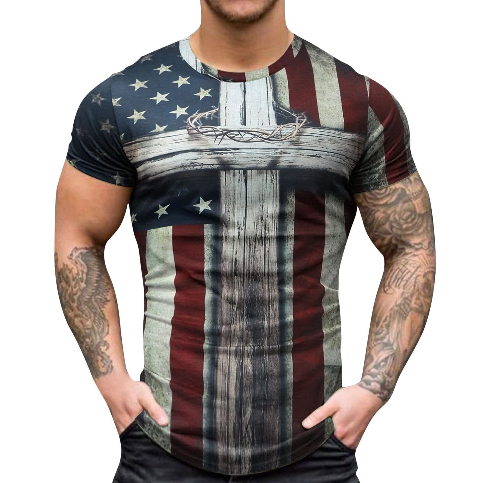 Mens Camo Ameican Flag Printed Pullover 2023 Novetly Tactical Independence Day Tees O-Neck Strechy Slim Fit T-Shirts