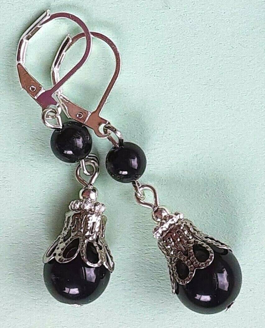 Double Black Onyx Dangle Earring Sp Leverback Adorable Statement Jewelry Earrings for Women