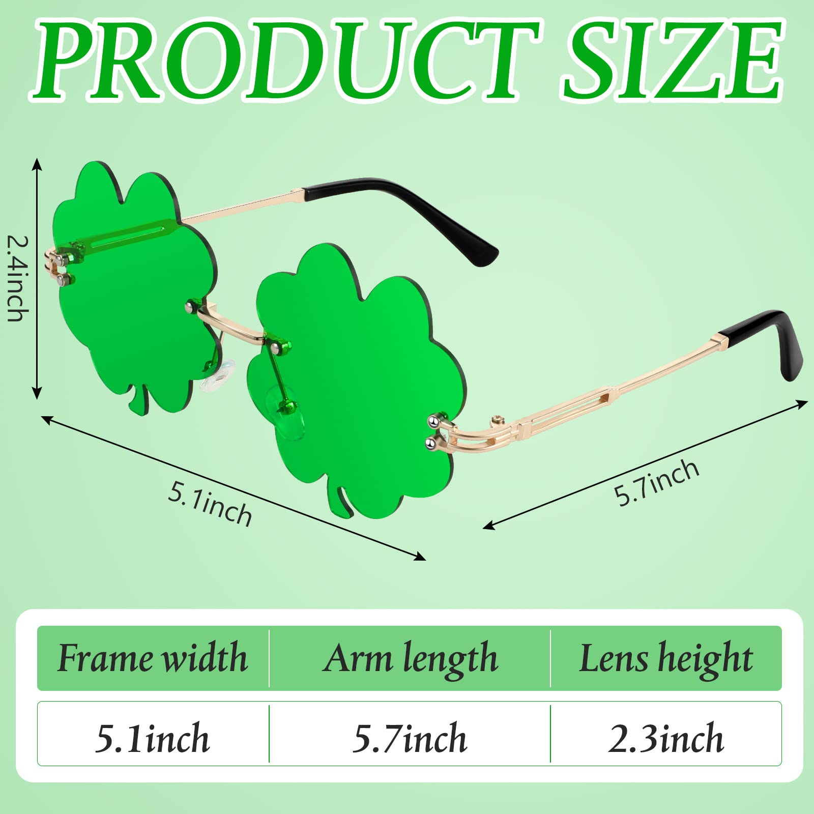 6 Pairs Green Glasses St. Patrick's Day Irish Shamrock Sunglasses Rimless Leprechaun Costume Glasses Four Leaf Clover Green Sunglasses for Women Men