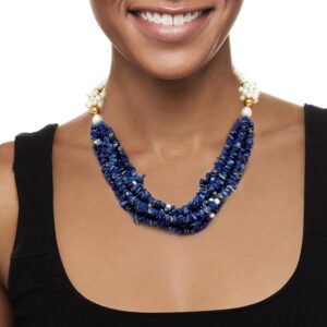 Ross-Simons Lapis Bead Necklace With 4.5-5.5mm Cultured Pearls in 18kt Gold Over Sterling. 18 inches