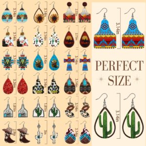 20 Pairs Boho Western Earrings Set Western Teardrop Dangle Earrings Vintage Cow Print Leather Bohemian Turquoise Wood Jewelry for Women