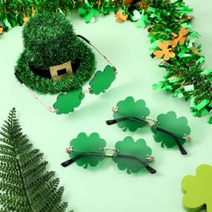 6 Pairs Green Glasses St. Patrick's Day Irish Shamrock Sunglasses Rimless Leprechaun Costume Glasses Four Leaf Clover Green Sunglasses for Women Men