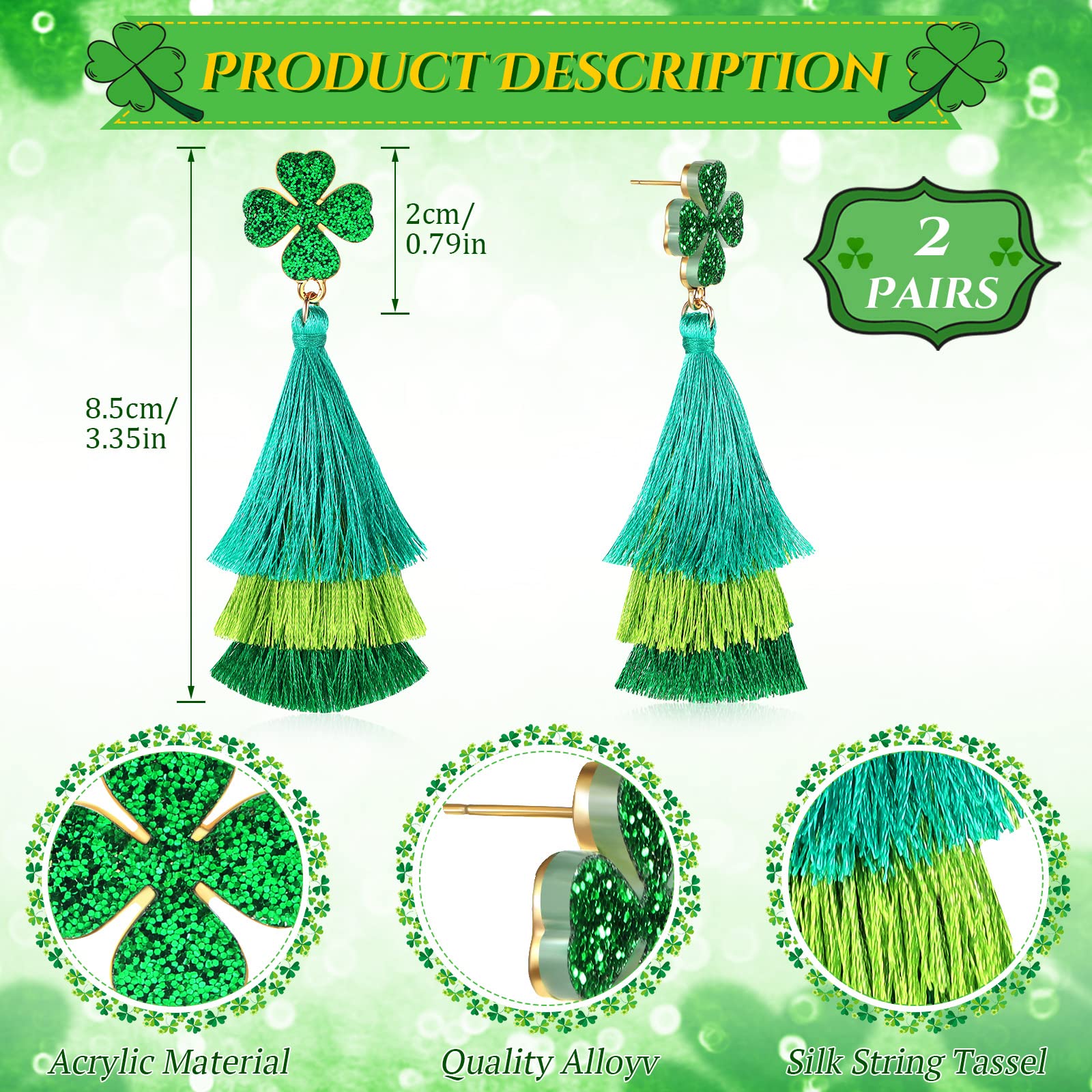 2 Pairs St. Patrick's Day Shamrock Earrings Green Tassel Earrings Layered Shamrock Earrings Dangle Clover St Patricks Day Accessories Green Jewelry Acrylic Earrings for Women Gifts