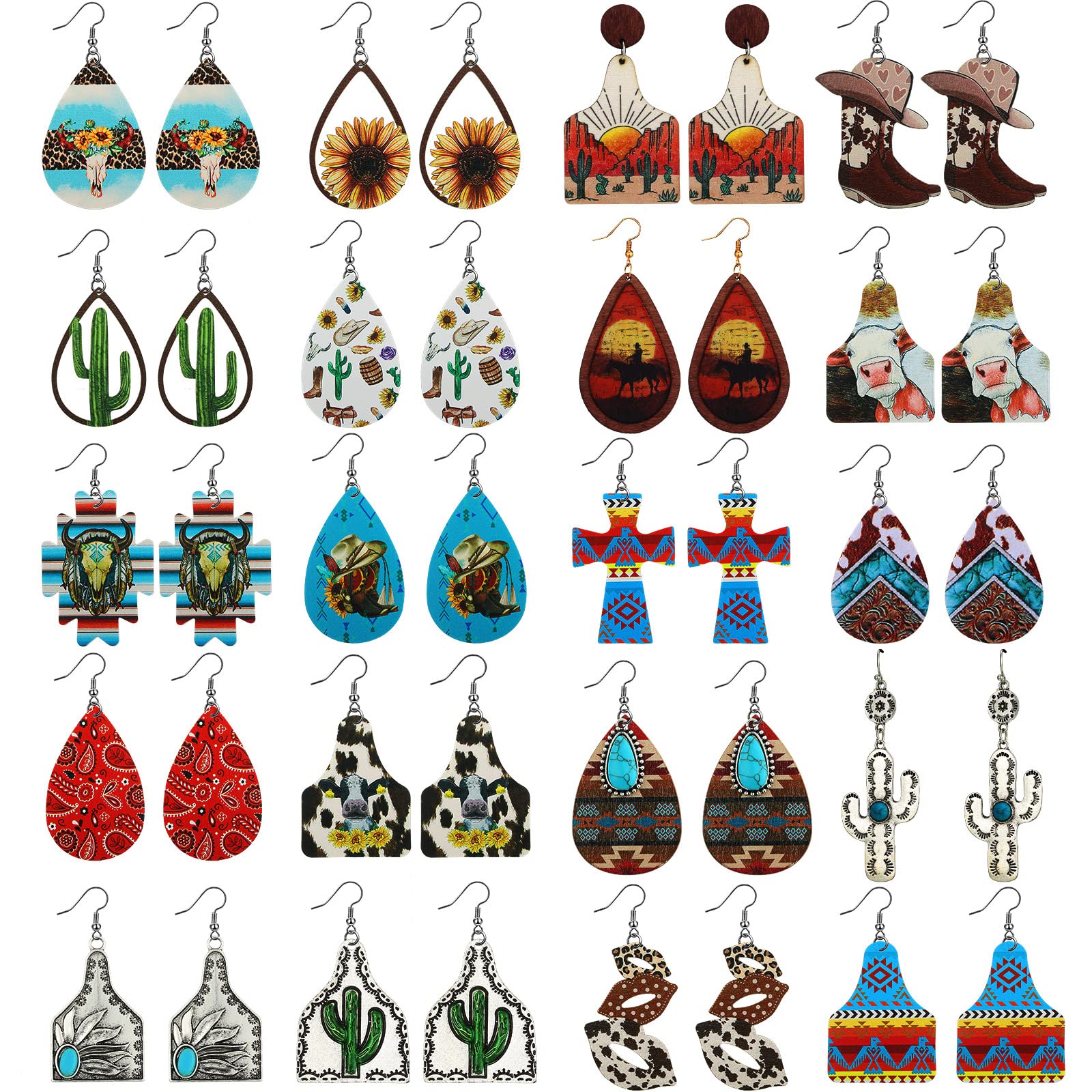 20 Pairs Boho Western Earrings Set Western Teardrop Dangle Earrings Vintage Cow Print Leather Bohemian Turquoise Wood Jewelry for Women