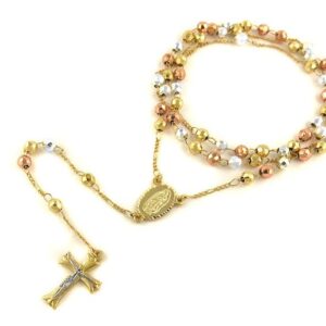 Savlano 14K Gold Plated Beaded Rosary Cross Necklace – 6.5MM Crucifix Cross Medallion Rosary Chain Y-Necklace for Women & Men Religious Jewelry Comes in Gold, Gold-Rose-Silver with a Gift Box (Tricolor)