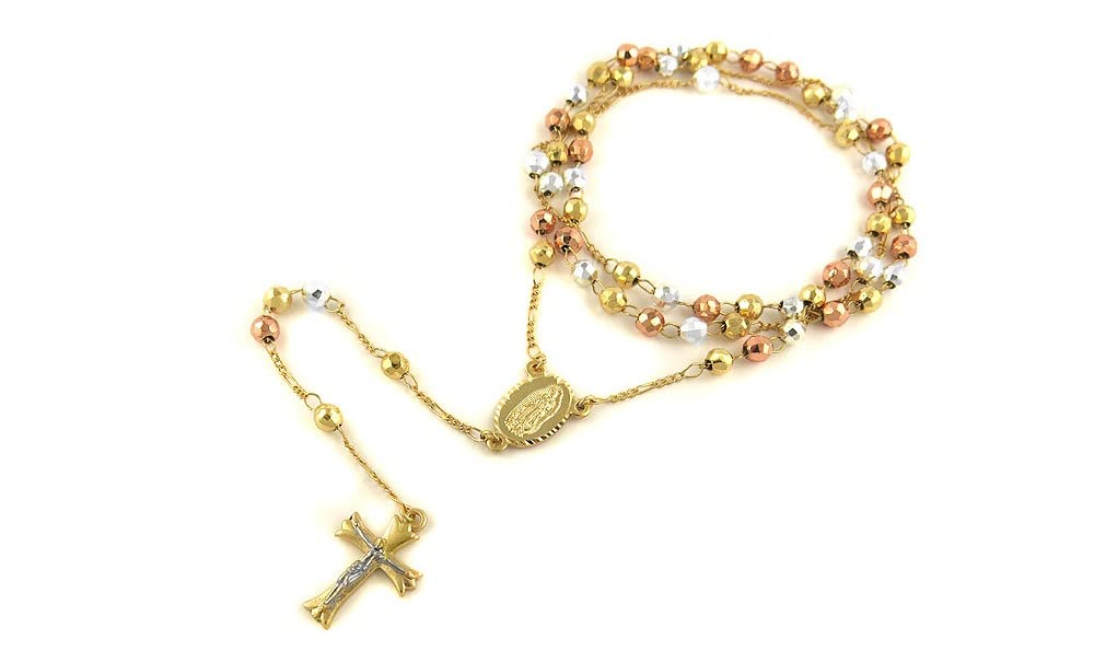 Savlano 14K Gold Plated Beaded Rosary Cross Necklace – 6.5MM Crucifix Cross Medallion Rosary Chain Y-Necklace for Women & Men Religious Jewelry Comes in Gold, Gold-Rose-Silver with a Gift Box (Tricolor)