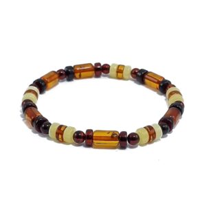 amber alex multi-color amber round, barrel & tablet beads stretch bracelet. genuine baltic amber.