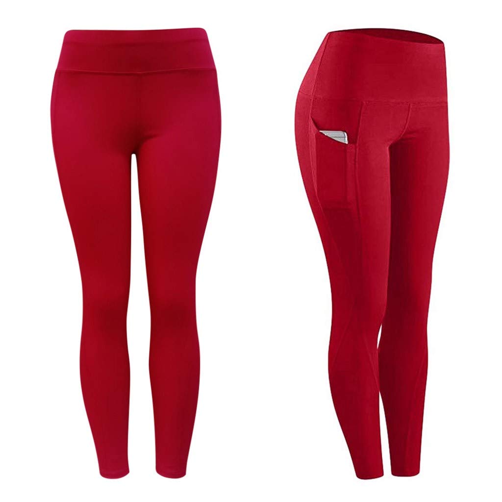 GOBUQIRAN Women' s Workout Leggings Fitness Sports Running Yoga Casual Pants High Waist Soft Pants with Pockets Red