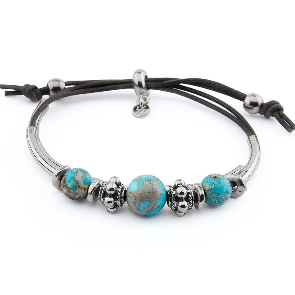 Lizzy James Basil Adjustable Double Natural Black Leather Strand & Silver Bracelet with Semi Precious Turquoise Beads for Women