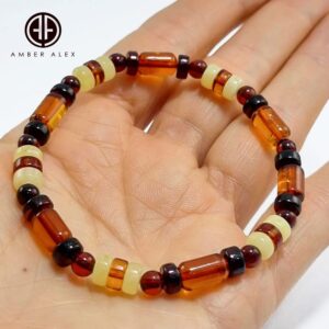 AMBER ALEX Multi-Color Amber Round, Barrel & Tablet Beads Stretch Bracelet. Genuine Baltic Amber.