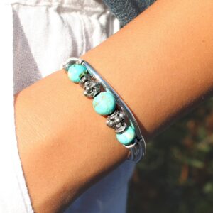 Lizzy James Basil Adjustable Double Natural Black Leather Strand & Silver Bracelet with Semi Precious Turquoise Beads for Women