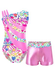 hansber kids girls sleeveless leotard gymnastics with shorts athletic biketard unitard 2 piece dance outfits pink 8