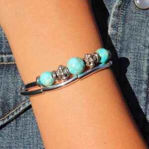 Lizzy James Basil Adjustable Double Natural Black Leather Strand & Silver Bracelet with Semi Precious Turquoise Beads for Women