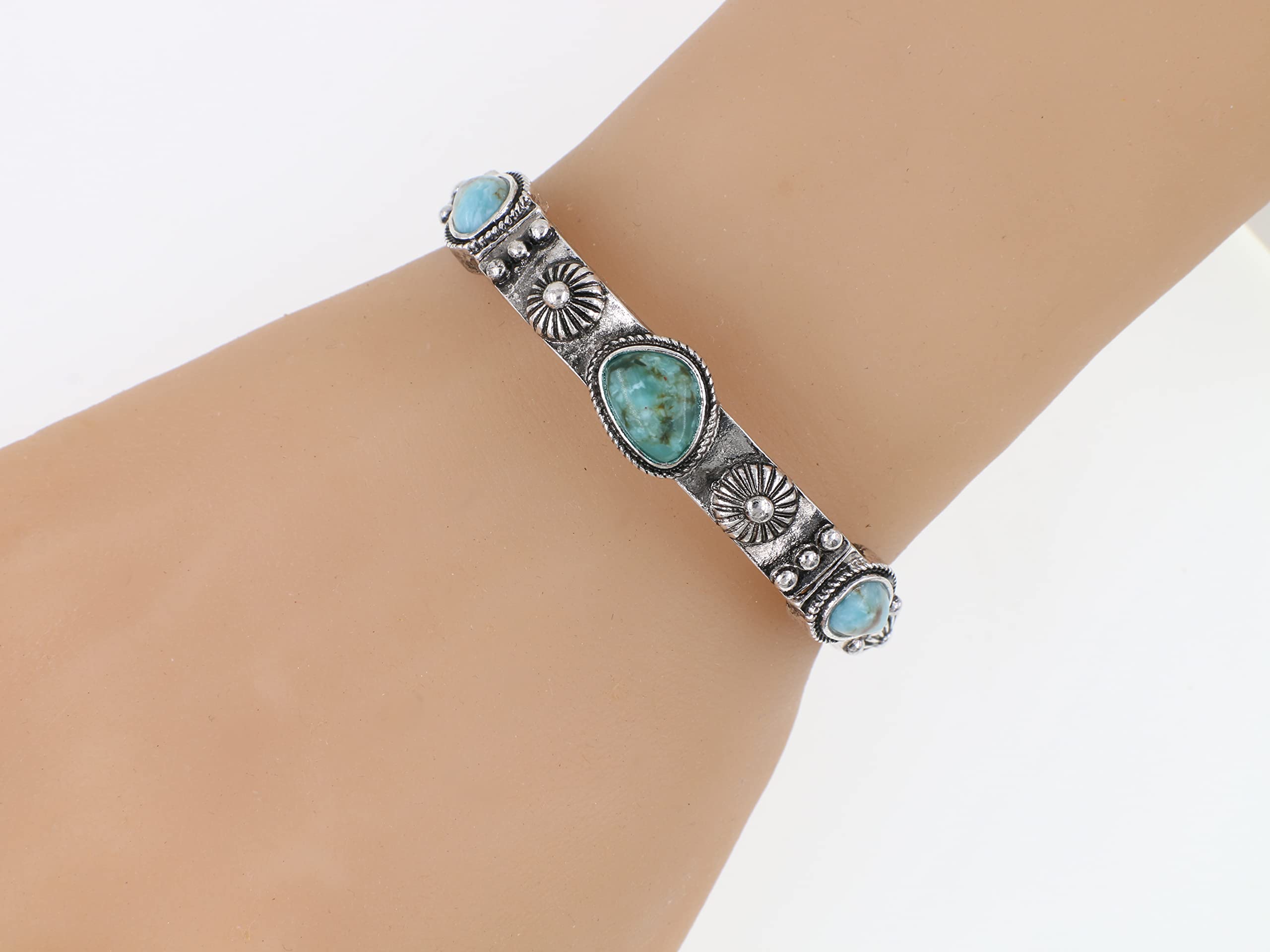 Elosee Western Style Turquoise Stone Stackable Antique Silver Tone Stretch Bracelet (#2)