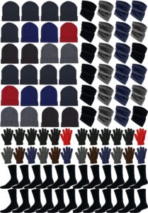 96x winter gloves, beanies, crew socks, neck warmers donation charity care bulk bundle (24 beanies / 24 pairs gloves / 24 neck gaiters / 24 pairs crew socks(black))