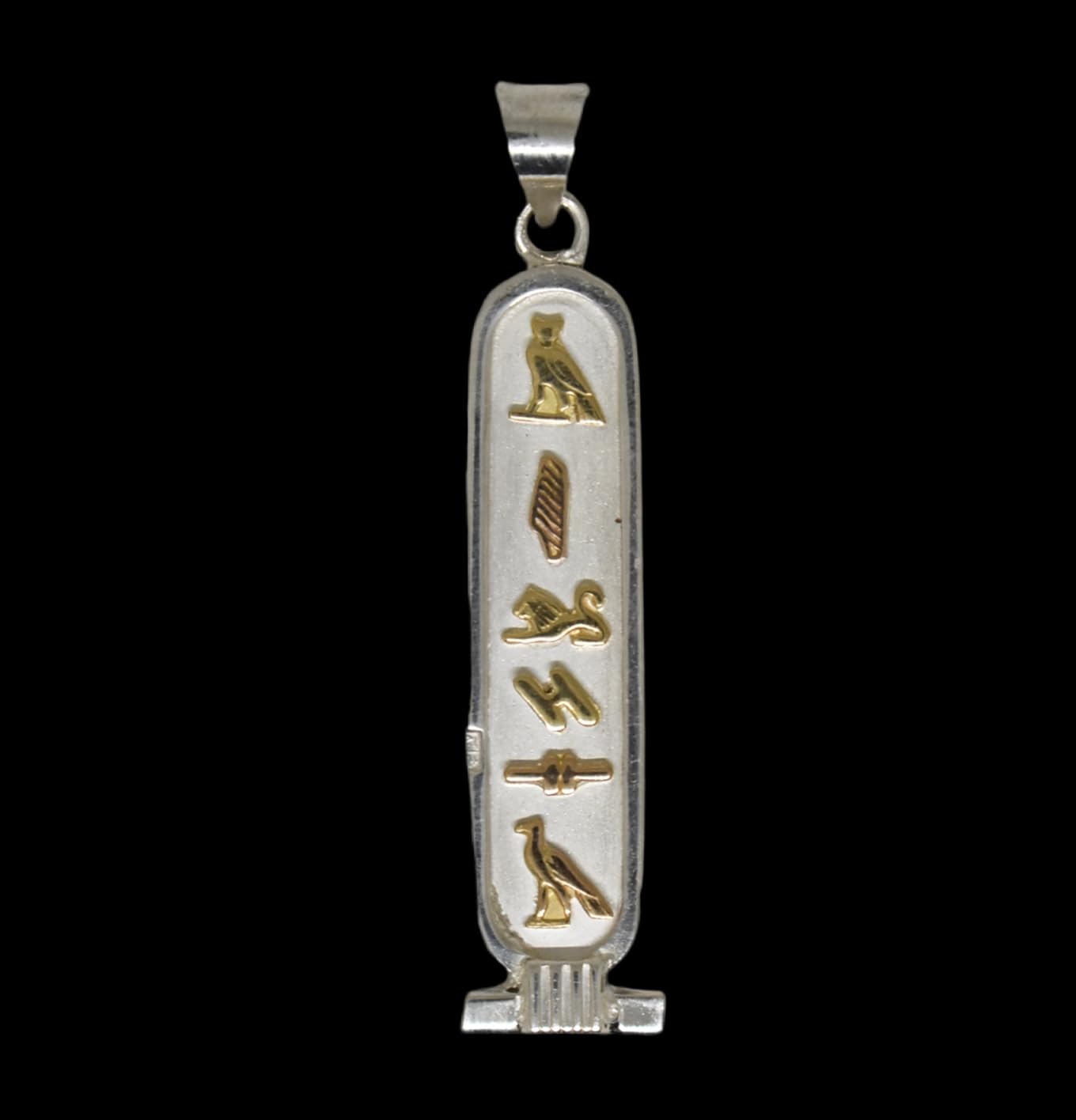 FAMA.store Customize Personalized pendant Egyptian Cartouche Necklace Sterling Silver and 18k gold symbols one Side Translate into Hieroglyphs Handmade in Egypt (1.75 inch (4-5 Letters))