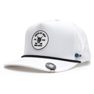 brimz golf performance hat - breathable sweat & water resistant golfing snapback cap with tee holder & magnetic ball marker (white)