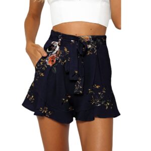 flowy shorts for women casual summer lace up belt comfort elastic waist flower printed bermuda short with pockets womens biker shorts (navy,xl)