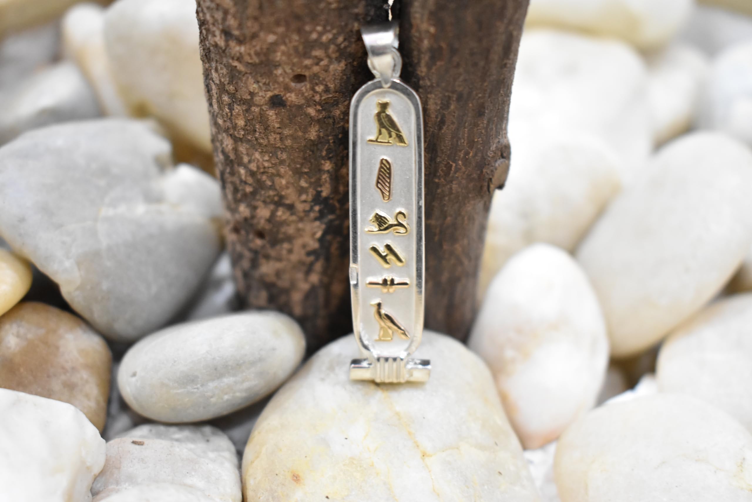 FAMA.store Customize Personalized pendant Egyptian Cartouche Necklace Sterling Silver and 18k gold symbols one Side Translate into Hieroglyphs Handmade in Egypt (1.75 inch (4-5 Letters))