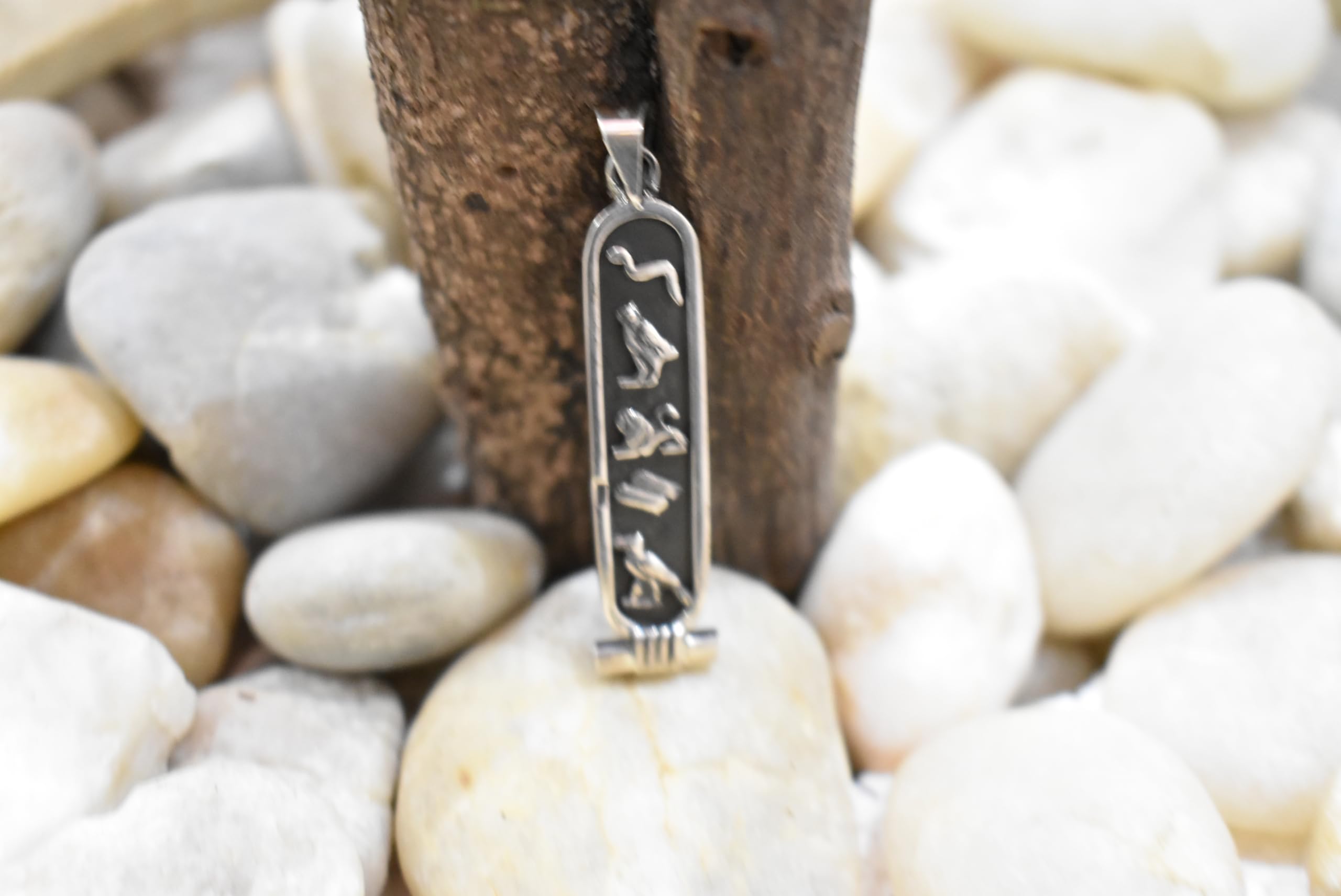 FAMA.store Customize Personalized pendant Egyptian Cartouche Necklace Oxidized Sterling Silver one Side Translate into Hieroglyphs Handmade in Egypt (1.75 inch (4-5 Letters))