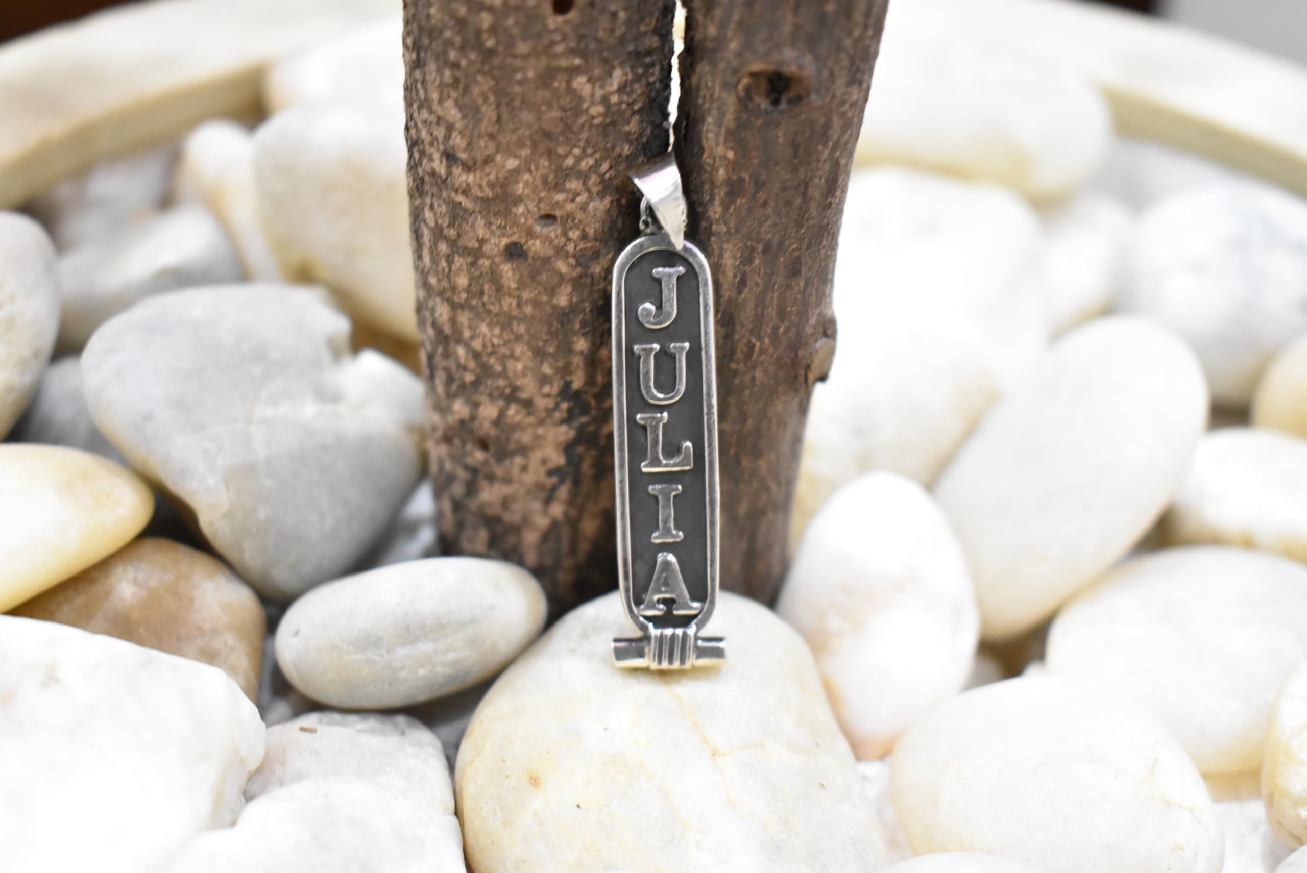 FAMA.store Customize Personalized pendant Egyptian Cartouche Necklace Oxidized Sterling Silver one Side Translate into Hieroglyphs Handmade in Egypt (1.75 inch (4-5 Letters))