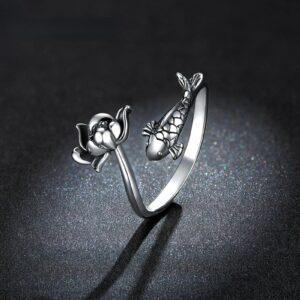 NIMSO 925 Sterling Silver Koi Lotus Ring, Adjustable Band For Women