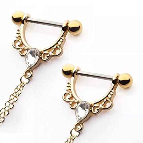 Pierced Owl 14GA Gold Plated 316L Stainless Steel Double Chain Connecting Pear Shaped CZ Crystal Filigree Nipple Barbells