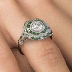 Divine Creation 2.60 Ctw Round Cut Simulated Diamond & Emerald Wedding Engagement Halo Bridal Ring 14K White Gold Finish 925 Sterling Silver (8)