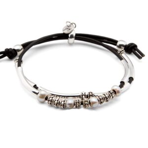 lizzy james kendall adjustable 2 strand silver & natural black leather bracelet with pearls for women