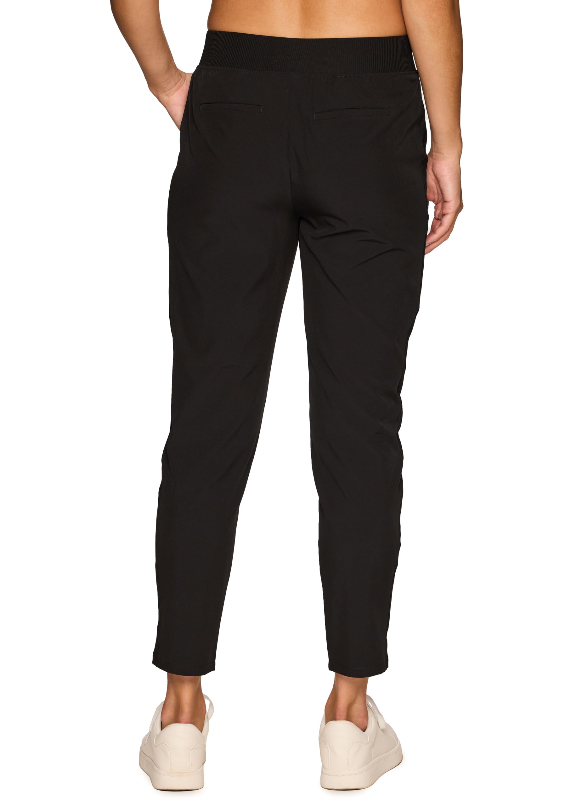 RBX Women's Quick Drying Woven Ankle Pant with Pockets Ribbed Side Jet Black L