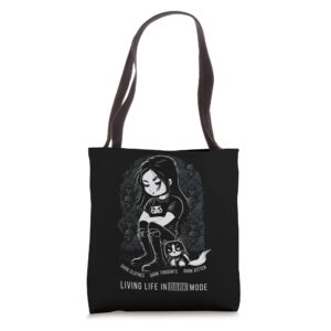 funny goth living in dark mode design tote bag