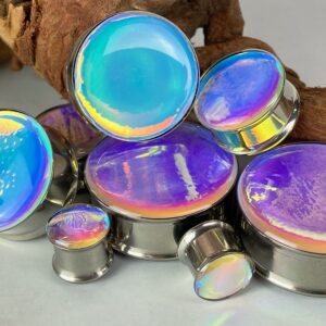 Mystic Metals Body Jewelry Pair of Baby Blue/Pink Opal Color Shift Double Flare Resin Plugs (MTO-052) (1" (25mm))