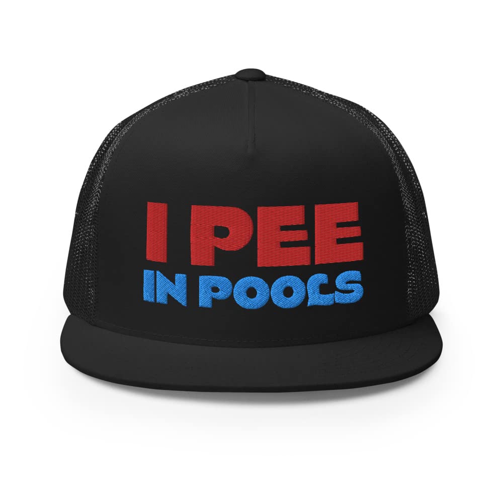 RIVEMUG I Pee in Pools Embroidered Premium Trucker Hat | Funny Gag Gift Joke | Flat Bill High Crown Cap | Funny Snap Back Hat