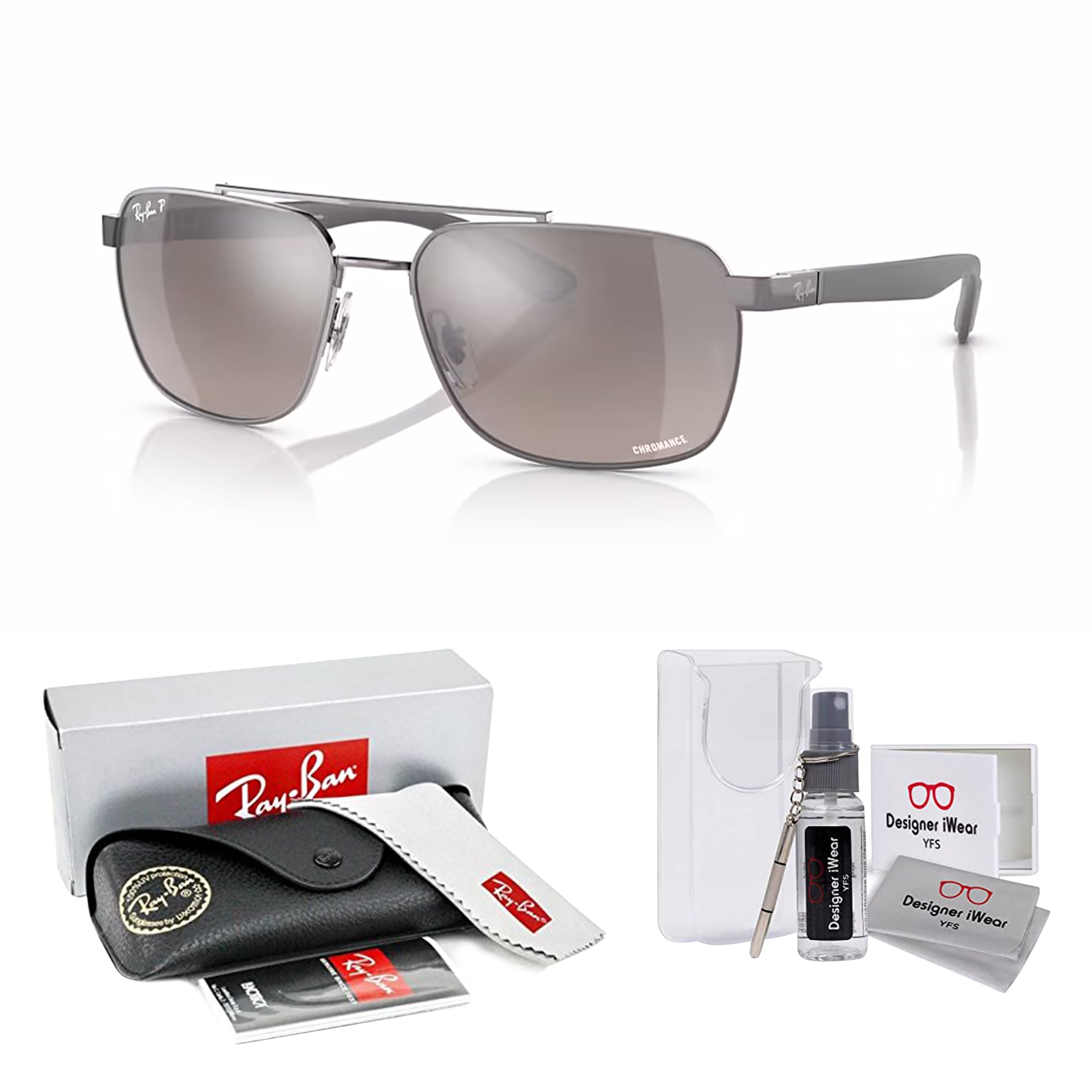 Ray-Ban RB3701 004/5J 59MM Gunmetal/Grey Mirror Chromance Polarized Rectangle Sunglasses for Men + BUNDLE With Designer iWear Eyewear Kit