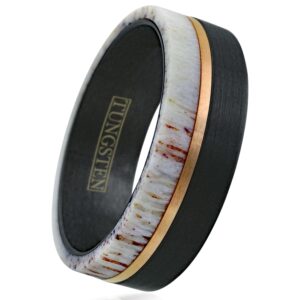 personalized engraved 6mm/8mm brushed finish black tungsten carbide flat band ring with rose gold stripe and raw speckled white deer antler inlay. (tungsten (6mm), 10)