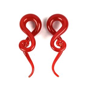 mystic metals body jewelry pair of red glass curled wave hanger plugs (pg-605) for stretched ears (0g (8mm))