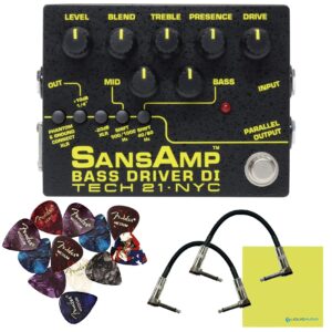 tech 21 sansamp bass driver di v2 pedal bundle w/guitar patch cables 1/4, 12x fender picks & liquid audio polishing cloth- bass di box, xlr output guitar effects, bass guitar kit, bass driver pedal