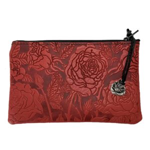 leather 6 inch zipper pouch, wallet, coin purse, hand made in the usa by oberon design, red roses