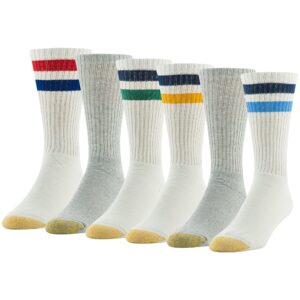 goldtoe men's 656s cotton crew athletic socks, multipairs, stripe white/light blue assorted (6-pairs), large