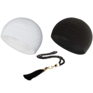 eserra kufi hats for men muslim, prayer cap, handicraft taqiyah, taqiyah cap, muslim tasbih 99 beads, muslim prayer beads (white and black)