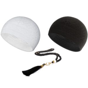 ESERRA Kufi Hats for Men Muslim, Prayer Cap, Handicraft Taqiyah, Taqiyah Cap, Muslim Tasbih 99 Beads, Muslim Prayer Beads (White and Black)