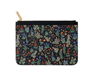 rifle paper co. clutch | 2 slots for credit cards or id, gold zipper and hardware, printed in full color with foil stamped logo, wipe clean (9.75" l × 7" w), menagerie garden