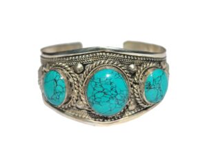 3 stone blue stabilized-turquoise adjustable cuff bracelet | ornate boho jewelry for men & women